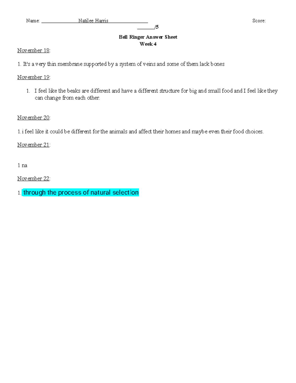 Natilee Harris - Bell Ringer Answer Sheet Week 4 - Name: Natilee Harris ...