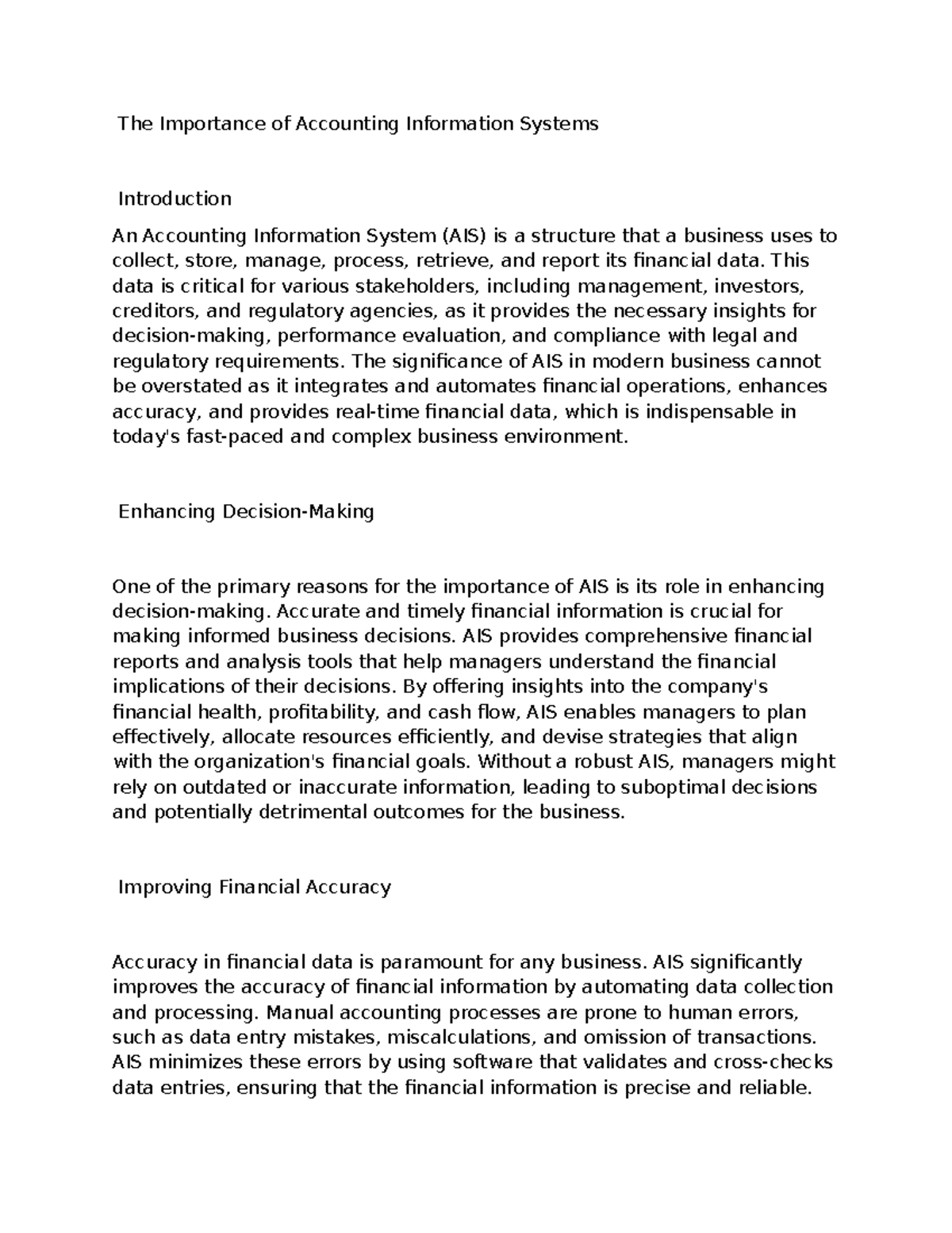 Importance of ais - essay - The Importance of Accounting Information Systems Introduction An ...