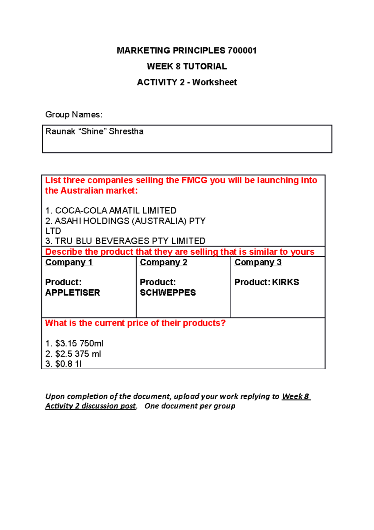 Activity 2 Worksheet - Business to Business Marketing 200091 ...