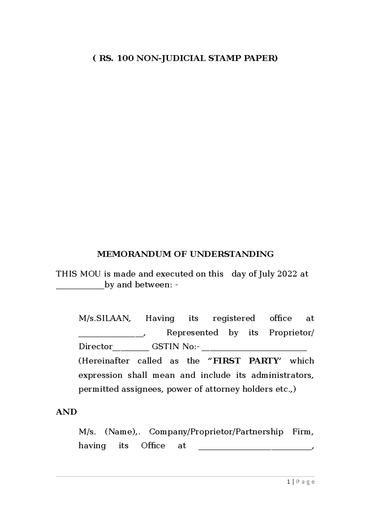 Mo U Silaan - Memorandum of Understanding - ( RS. 100 NON-JUDICIAL ...