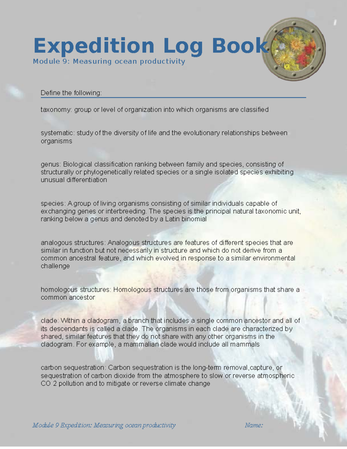 Log Book 9 - Log Book - Module 9: Measuring ocean productivity Define ...
