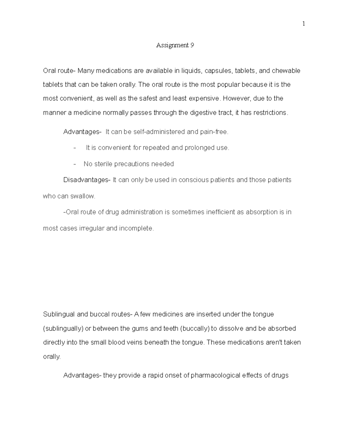 Chapter 9 pharmacology assignment - 1 Assignment 9 Oral route- Many ...