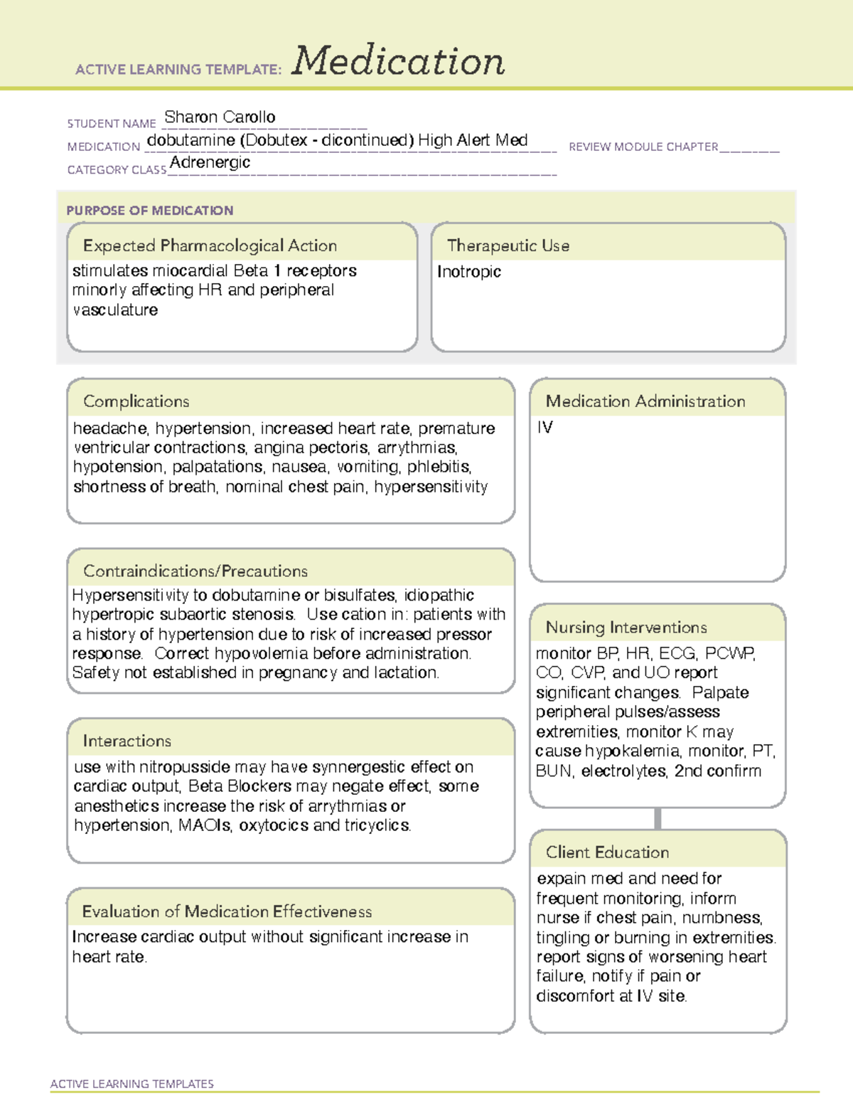 Dobutamine - ALT - ACTIVE LEARNING TEMPLATES Medication STUDENT NAME ...