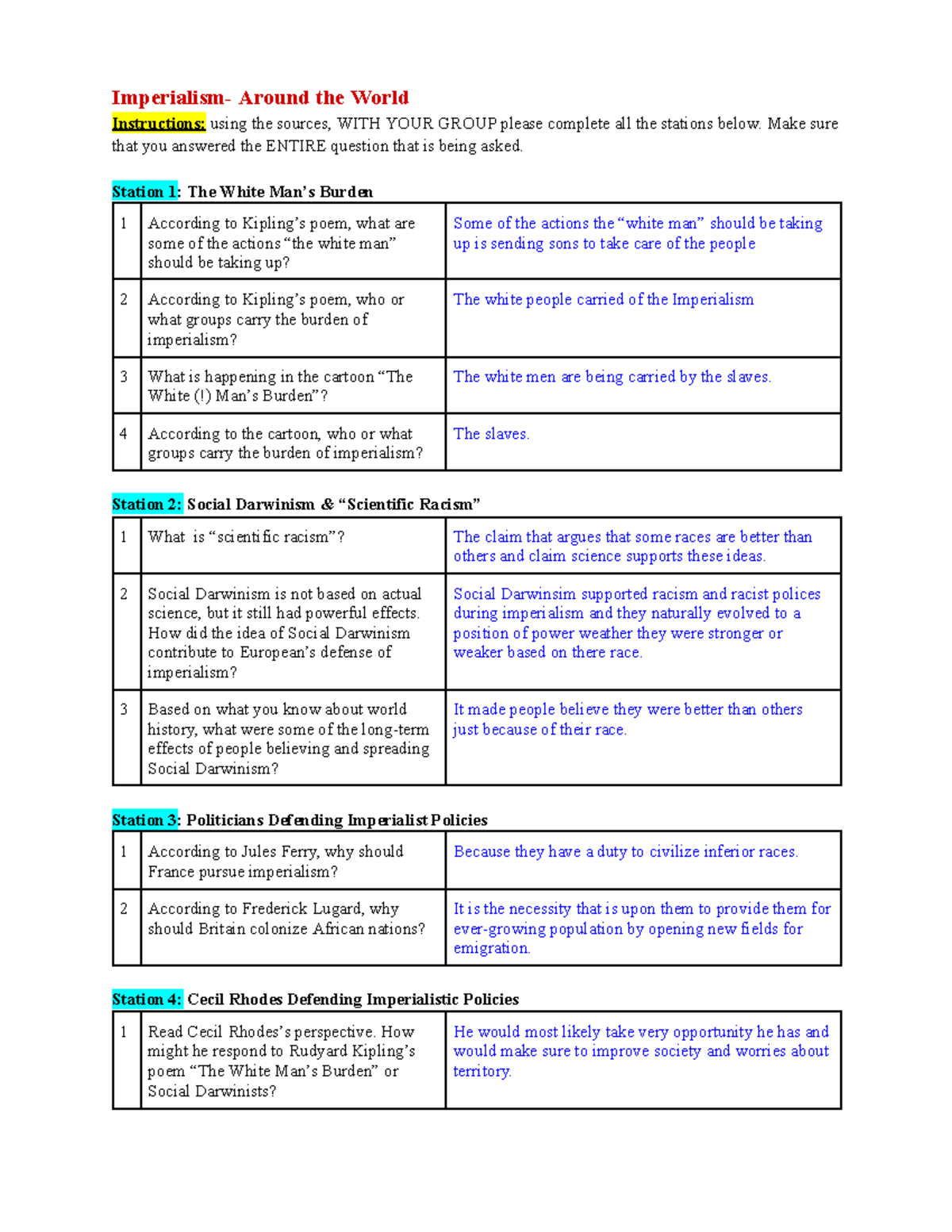 Imperialism Notes - Imperialism- Around the World Instructions: using ...