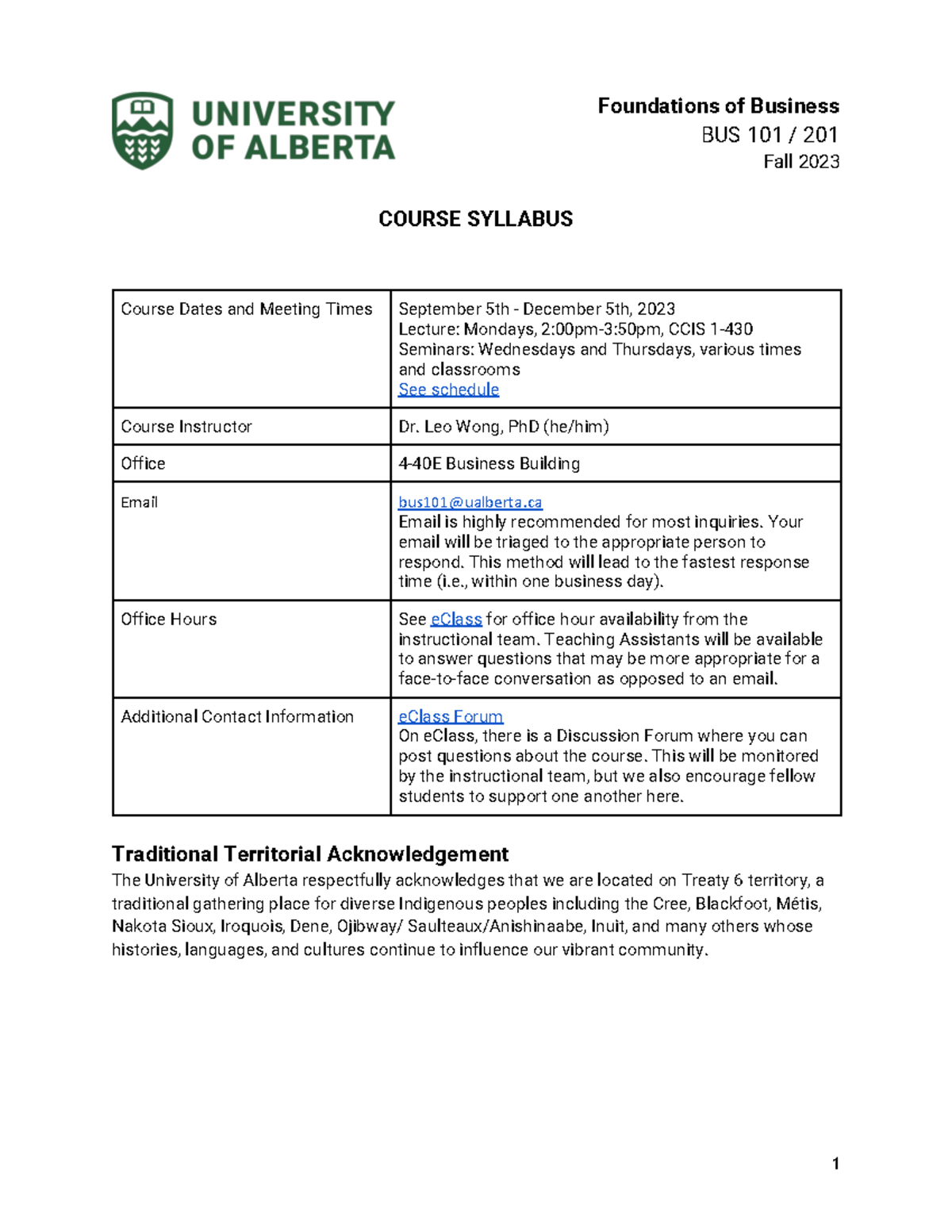 Course Syllabus - Professor. Wong Leo - Foundations of Business BUS 101 ...