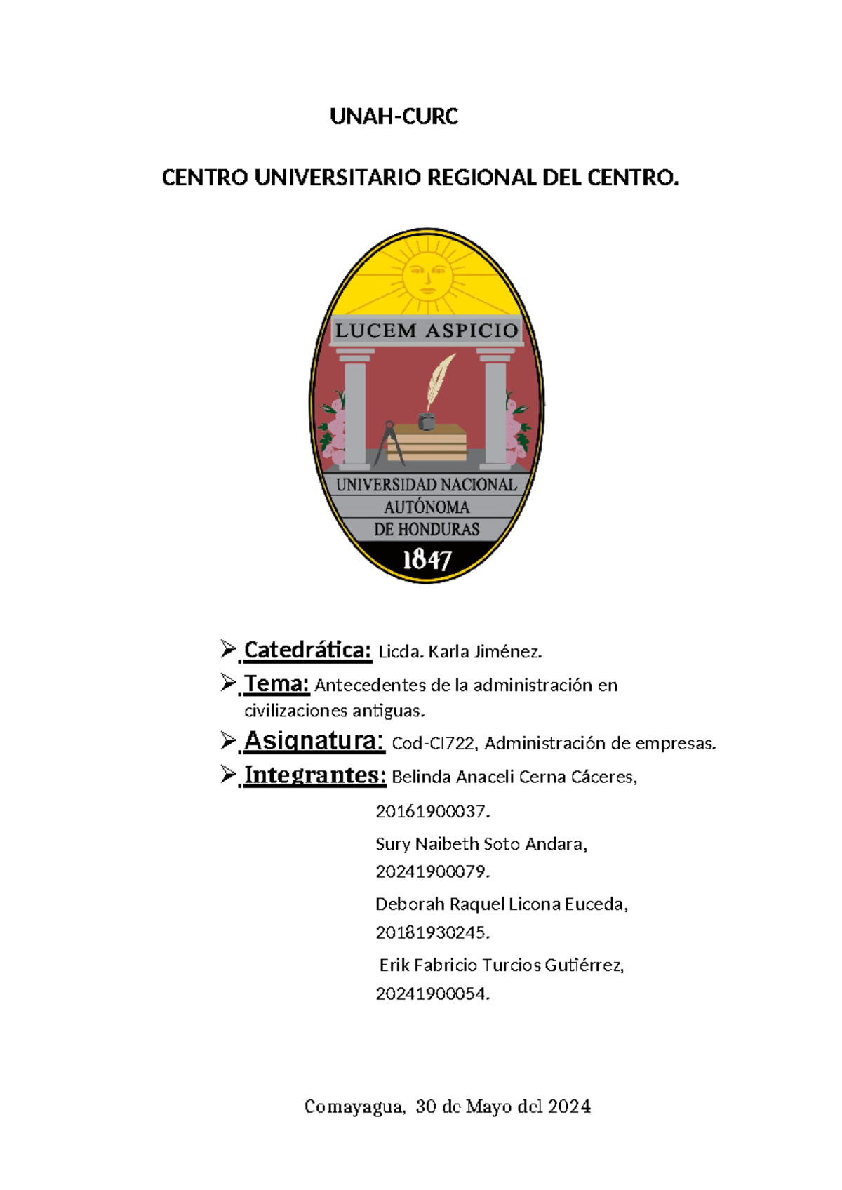 Portada UNAH -LKGVCJMCVMBMN - UNAH-CURC CENTRO UNIVERSITARIO REGIONAL ...