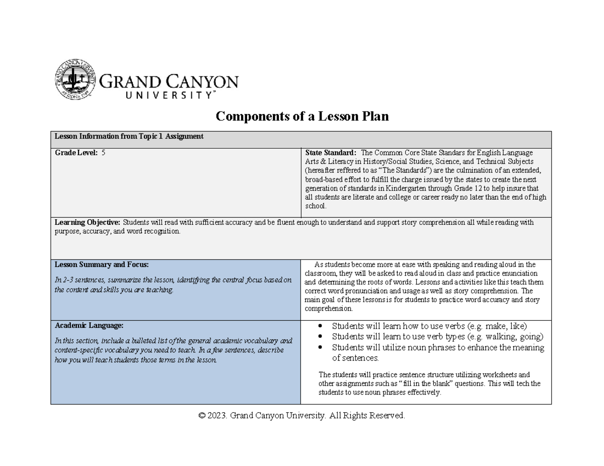 ELM-555 Components of a Lesson Plan - Components of a Lesson Plan ...