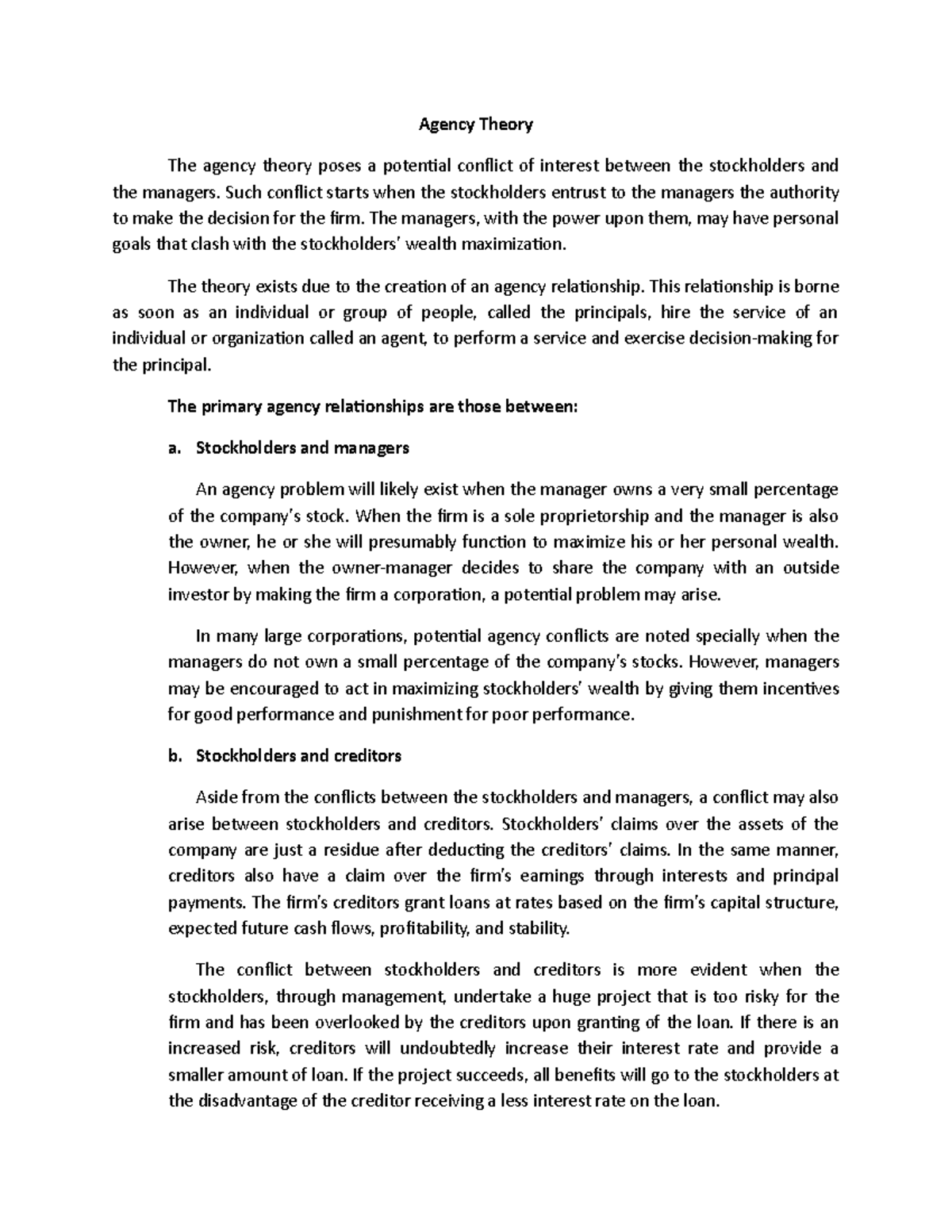 Financial Management Agency Theory - Agency Theory The agency theory ...