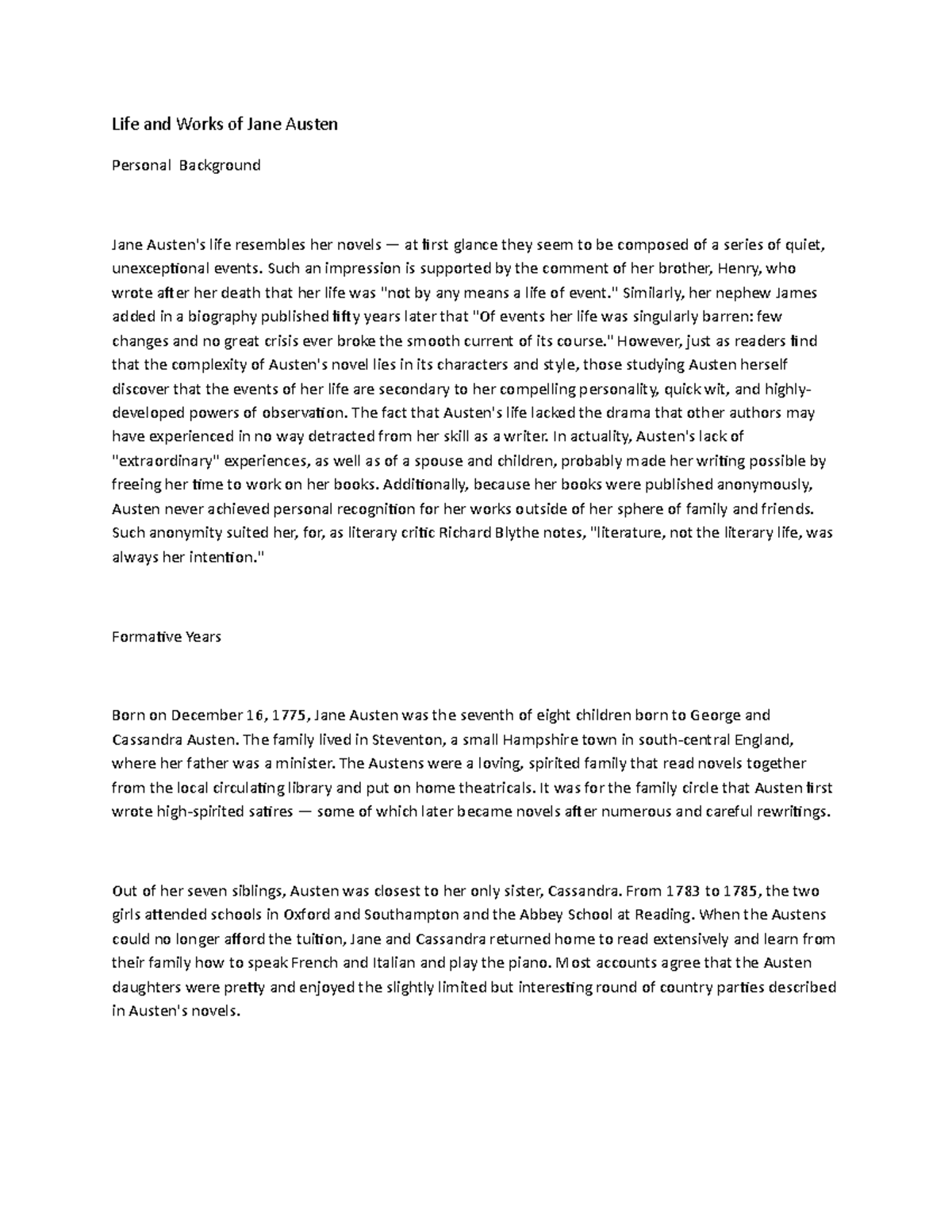 Jane Austen - Hiii use wisely - Life and Works of Jane Austen Personal ...