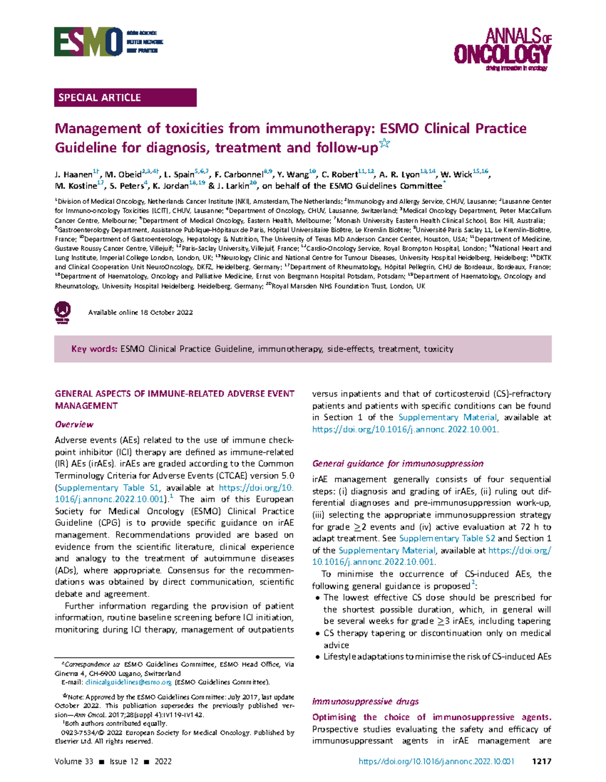 ESMO guidelines - SPECIAL ARTICLE Management of toxicities from ...