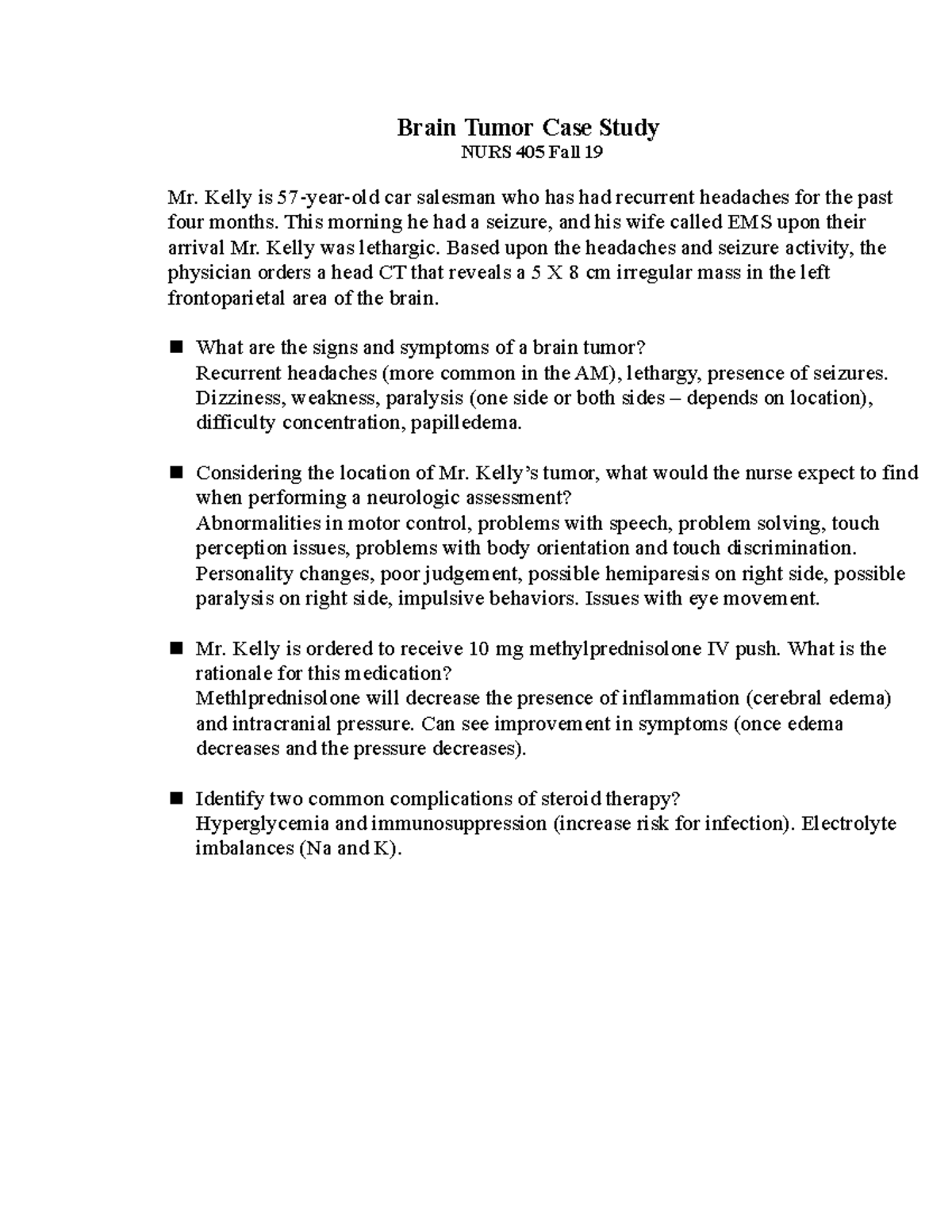 Brain Tumor Case Study - Brain Tumor Case Study NURS 405 Fall 19 Mr ...