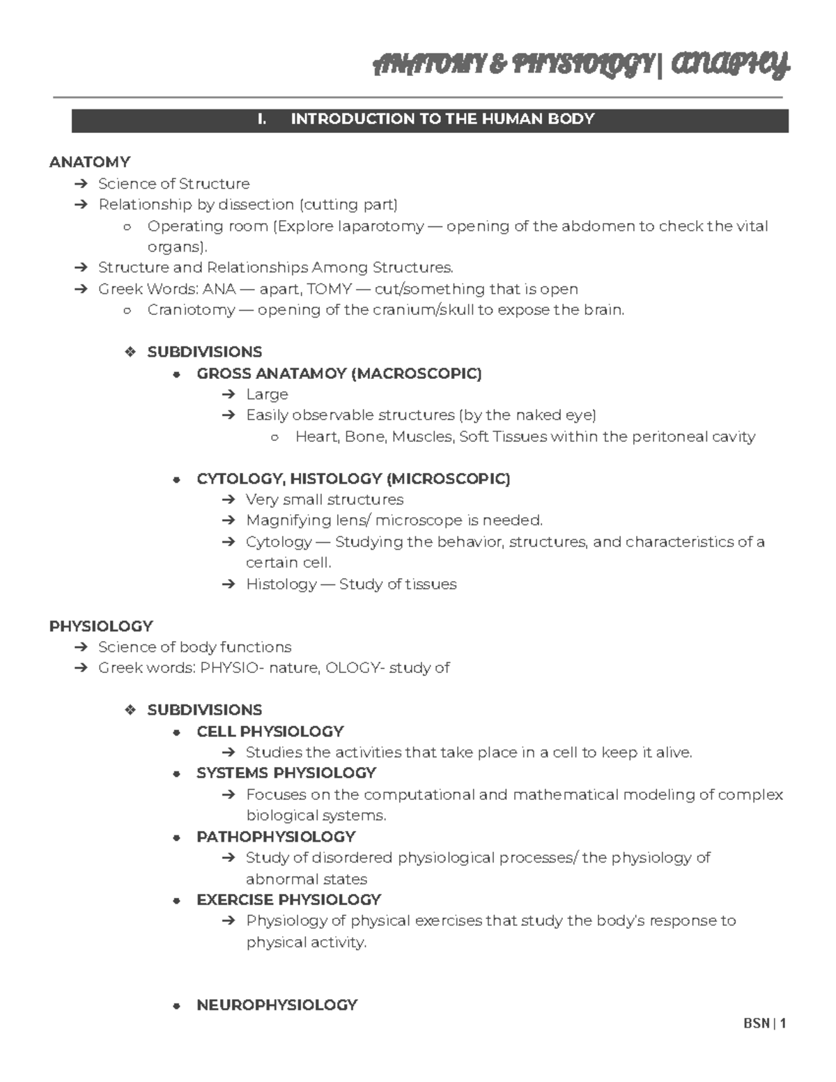 Anaphy - Notes - ANATOMY & PHYSIOLOGY| ANAPHY I. INTRODUCTION TO THE ...