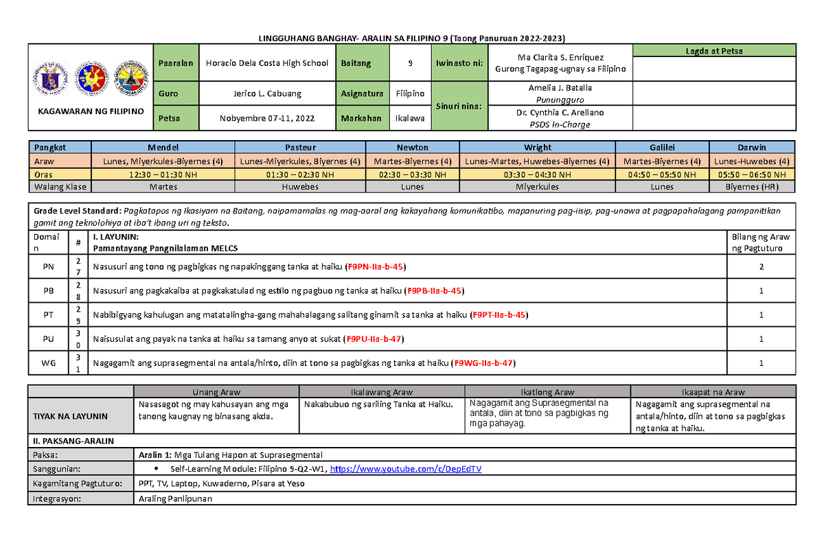 Q2W1 - Lesson Plan - LINGGUHANG BANGHAY- ARALIN SA FILIPINO 9 (Taong ...