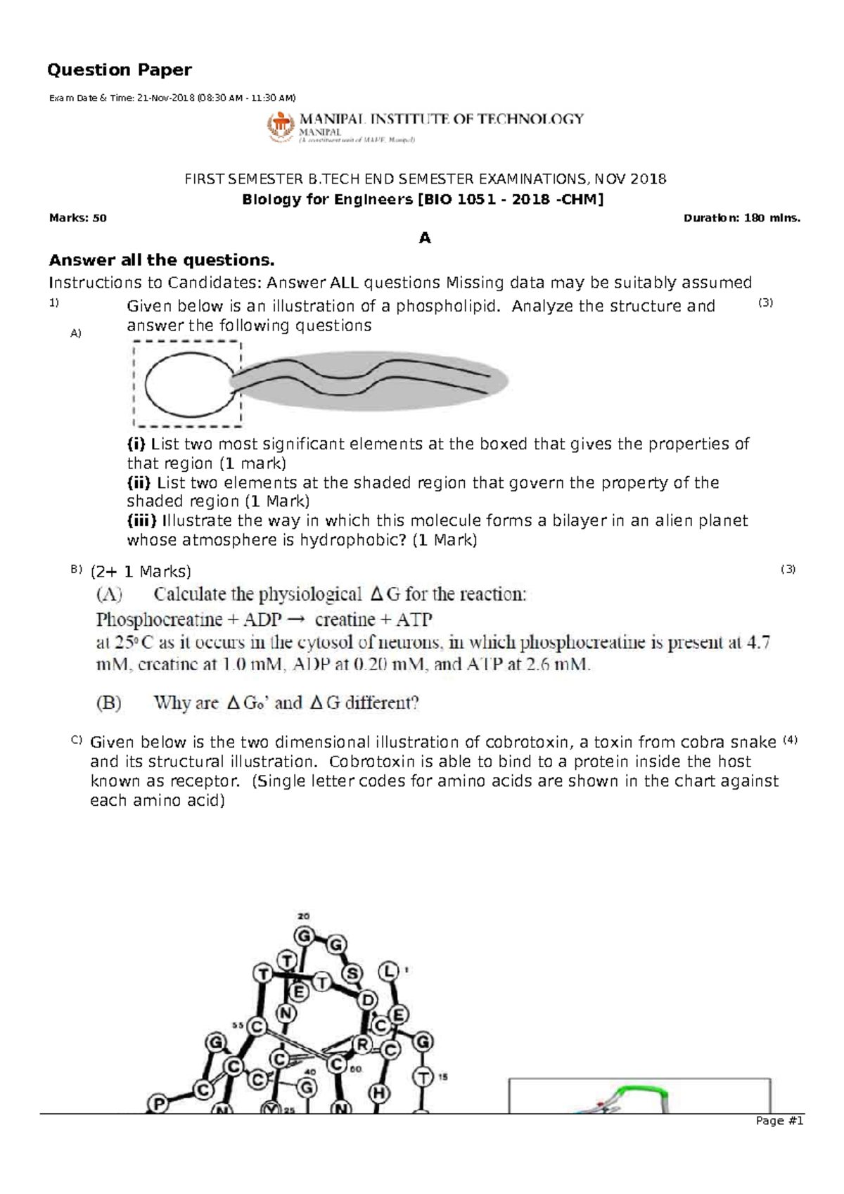 Biology for Engineers (BIO 1051) - A) B) C) Question Paper Exam Date ...