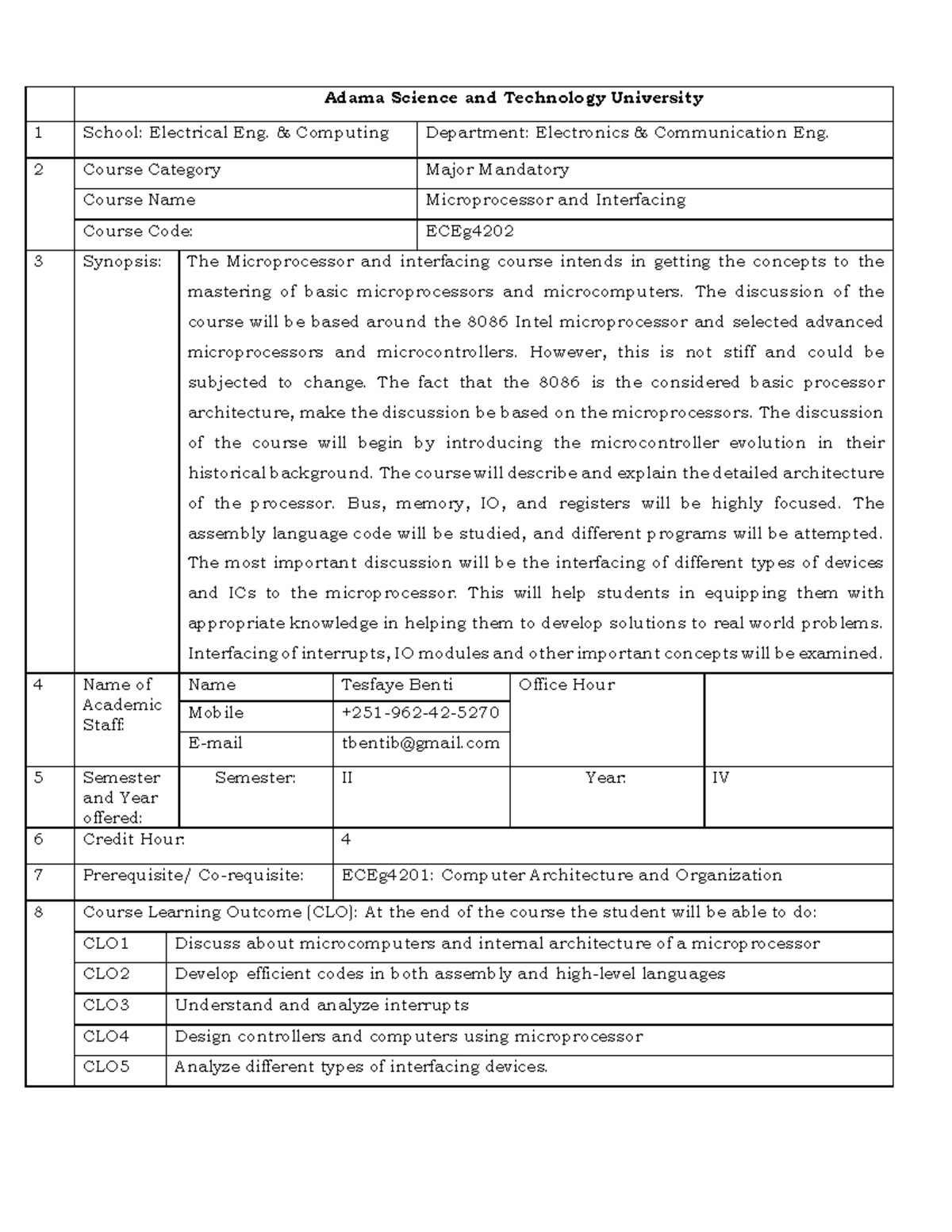 Microprocessor and Interfacing Course Outline 2024 - Adama Science and ...