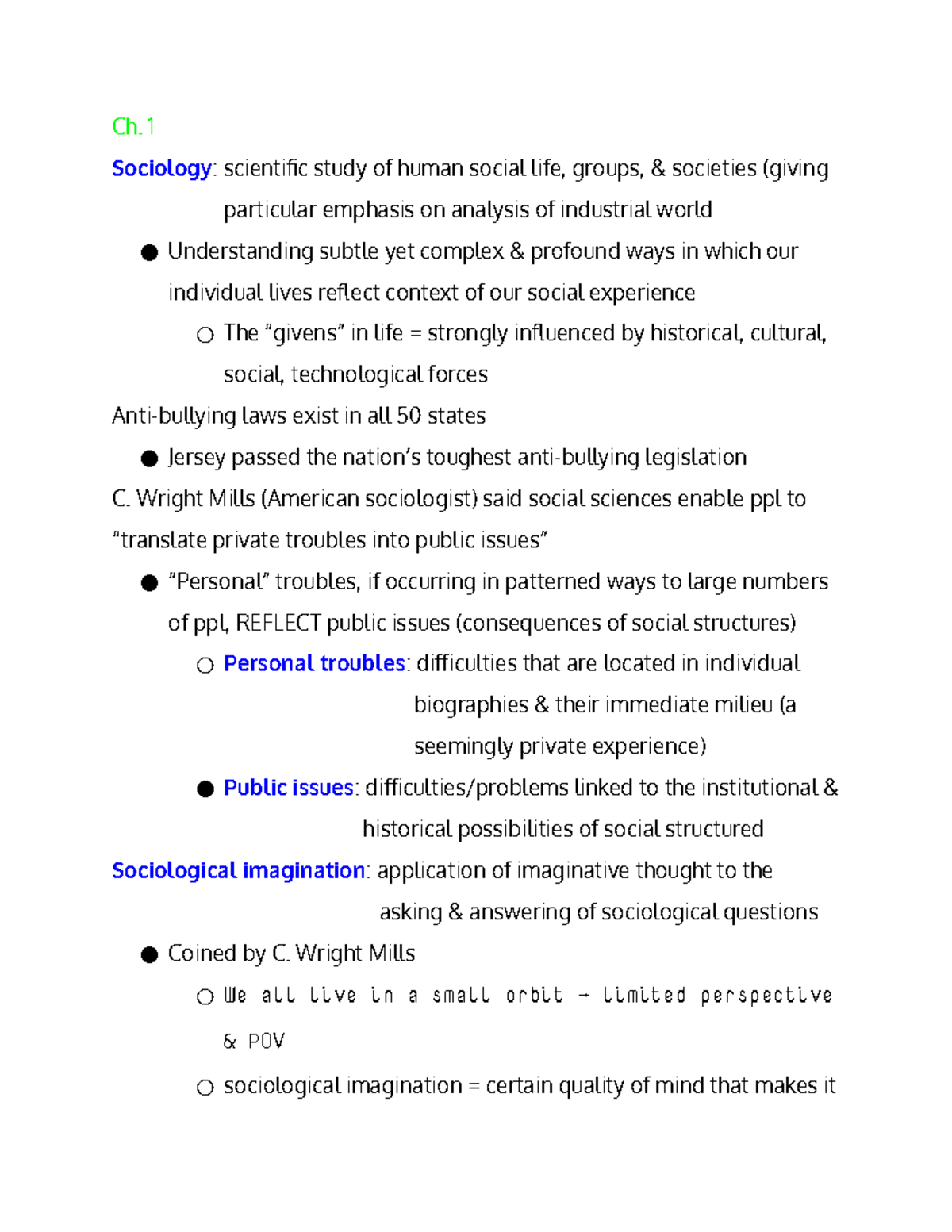 Intro to Sociology Notes - Ch. 1 Sociology : scientific study of human ...