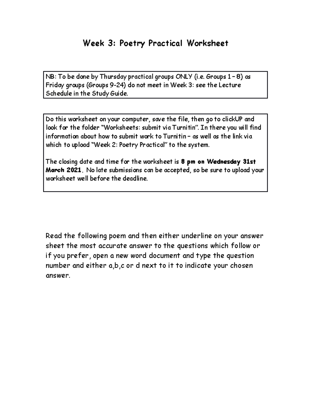 Week 3 practical worksheet completed - Week 3: Poetry Practical ...