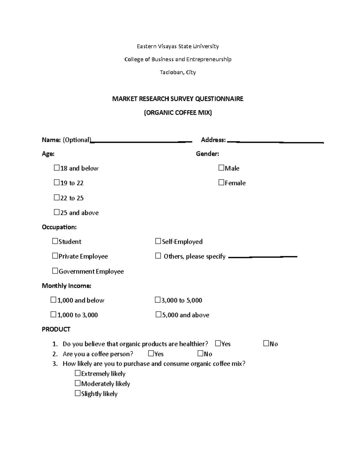 Market Research Survey Questionnaire - Eastern Visayas State University ...