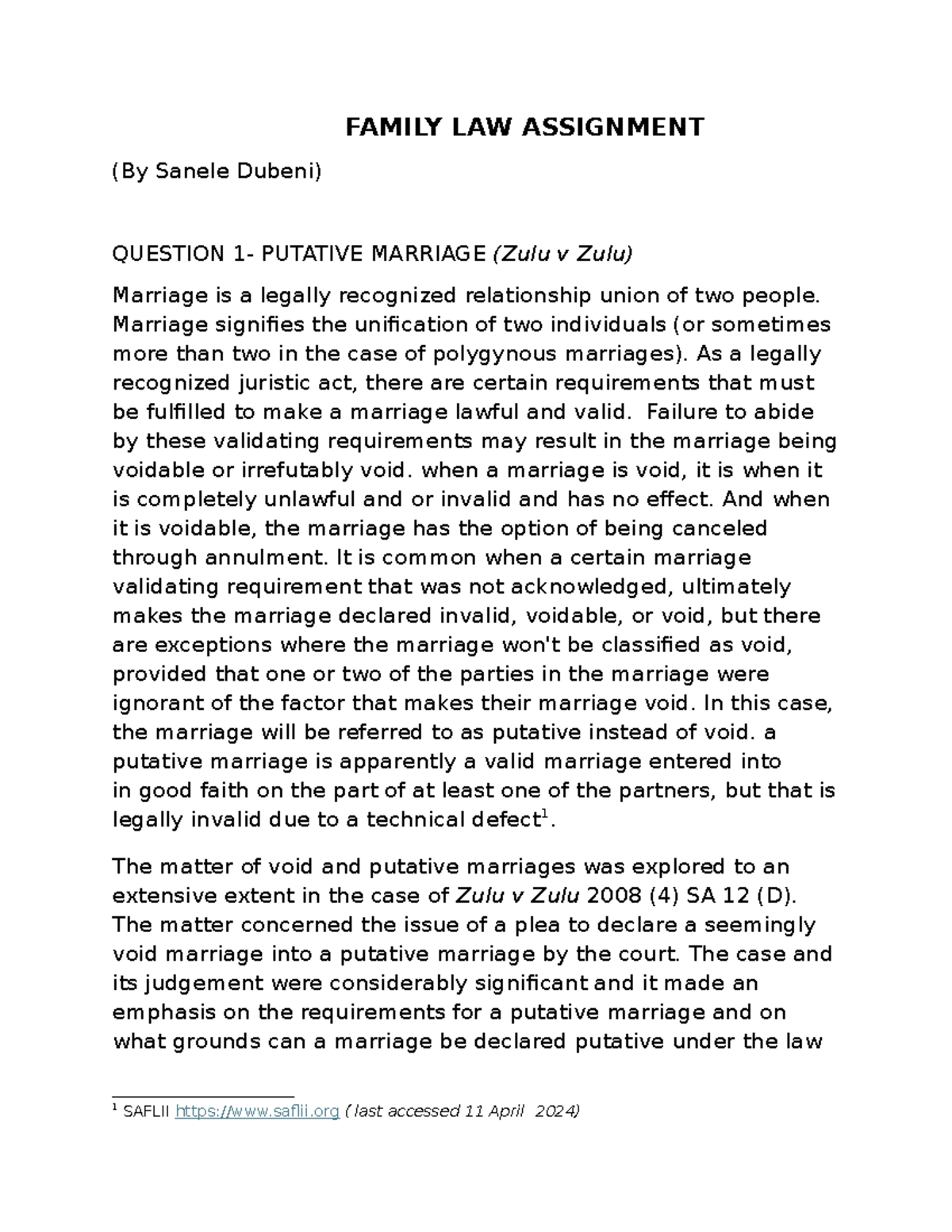 Family LAW - FAMILY LAW ASSIGNMENT (By Sanele Dubeni) QUESTION 1 ...