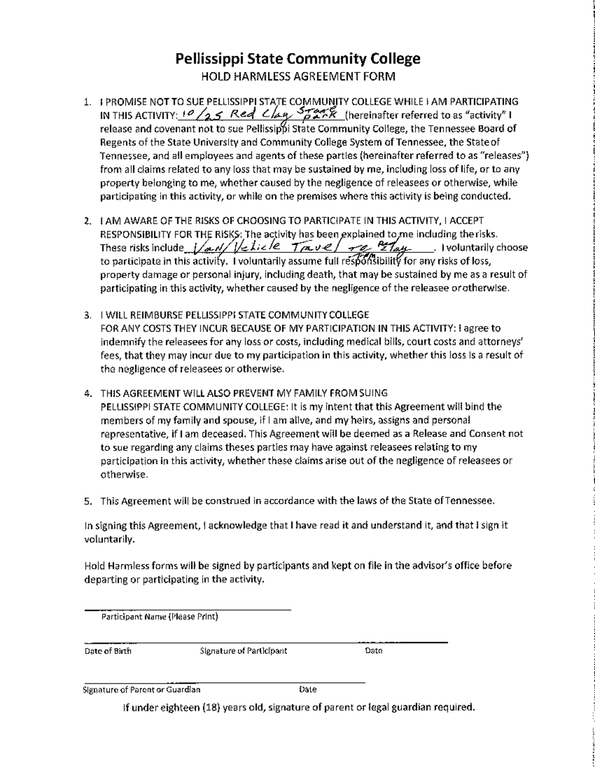 Hold Harmless form - Red Clay 10-25-19 - OCCT 5180 - Tenn State - Studocu