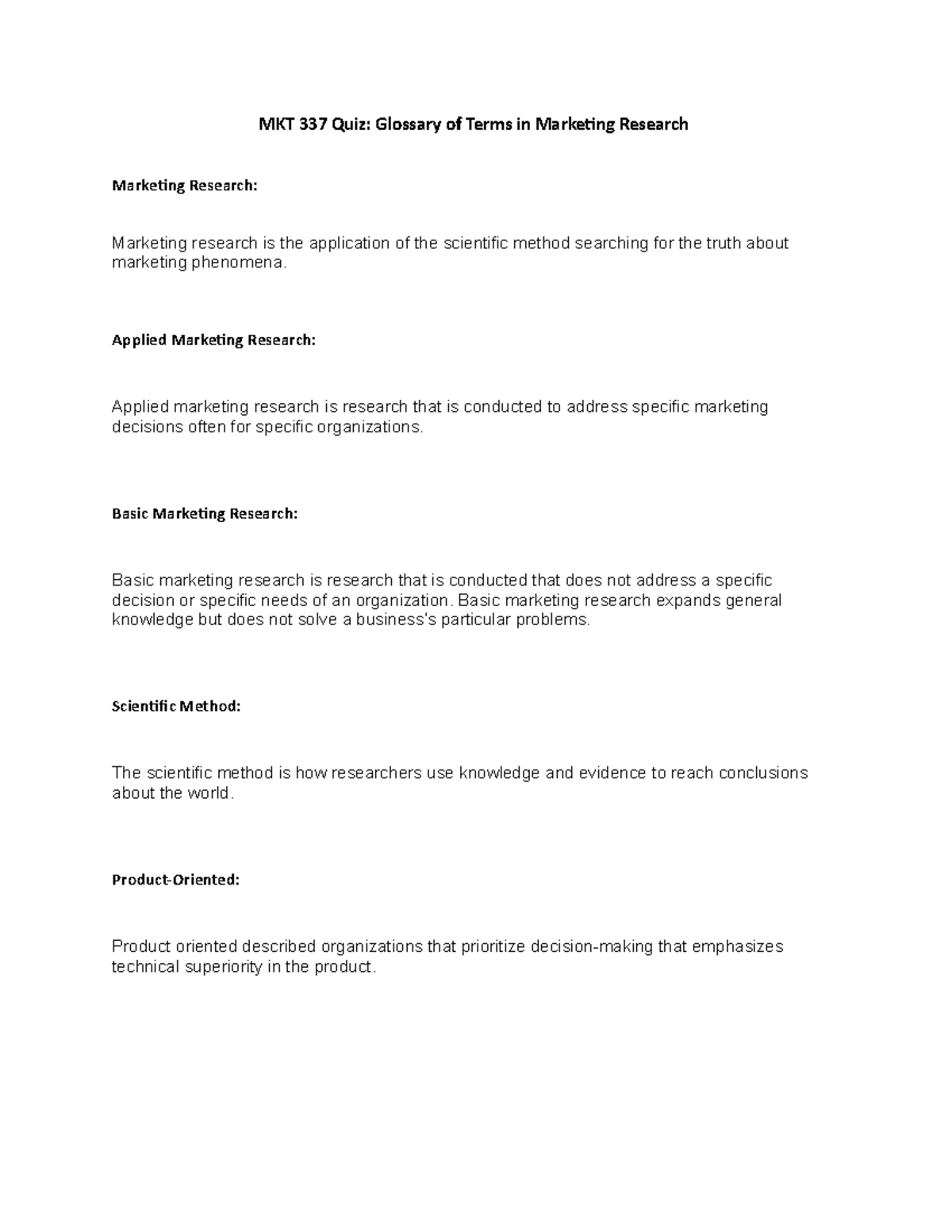 MKT 337 Quiz 1 - MKT 337 marketing research quiz 1 grade A - MKT 337 ...