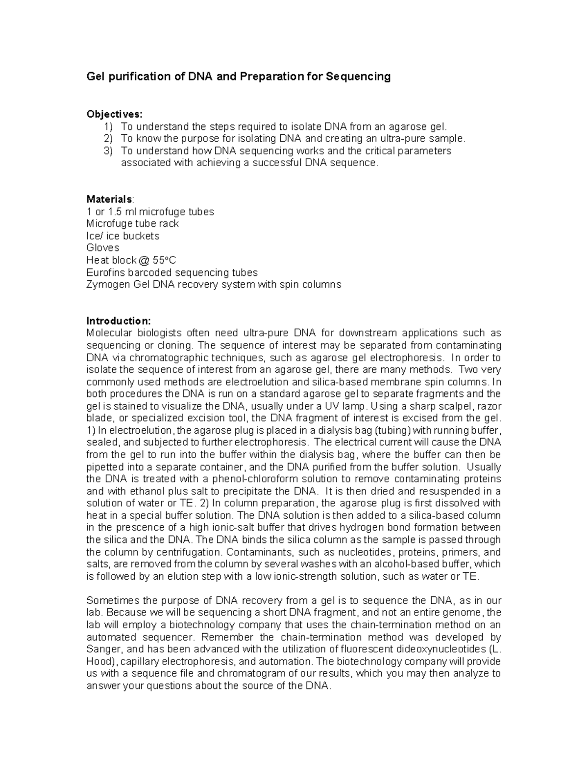 Gel purification of DNA and Preparation for Sequencing Lab - Gel ...