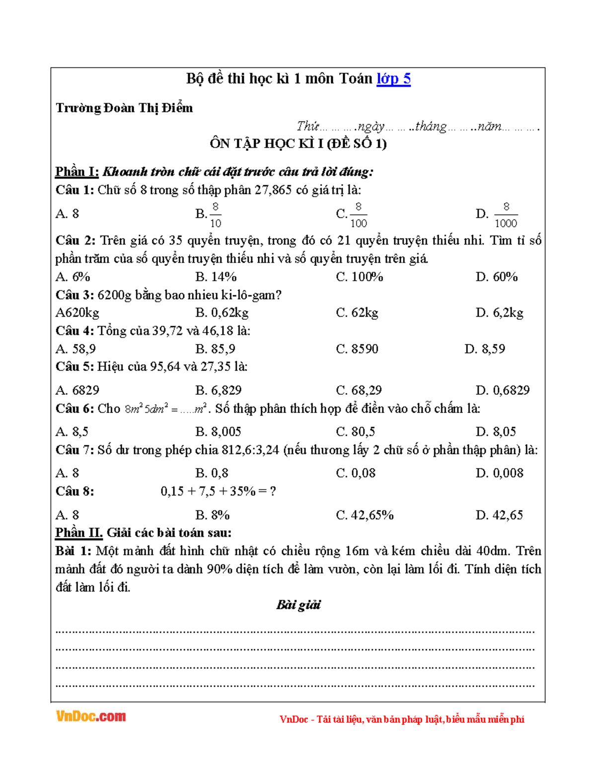 Bo de thi hoc ki 1 mon toan lop 5 truong TH doan thi diem - Bộ đề thi học kì 1 môn Toán lớp 5 ...