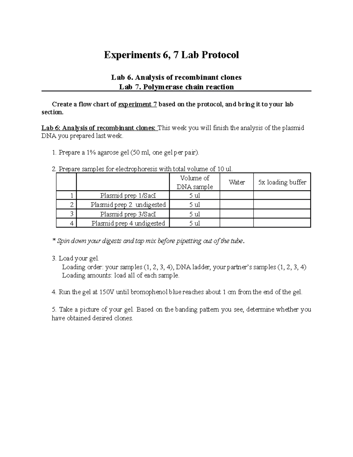 4380 Lab 6, 7 protocol S17 ch - Experiments 6, 7 Lab Protocol Lab 6 ...