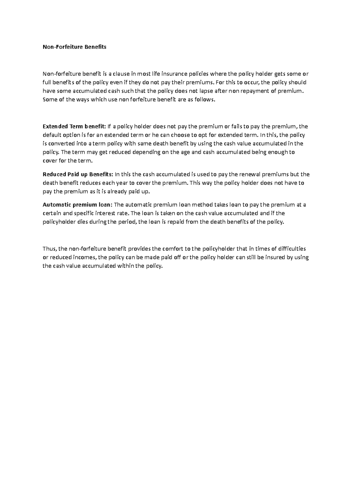 Non- Forfeiture - Class tutorial work for 2023. - Non-Forfeiture ...