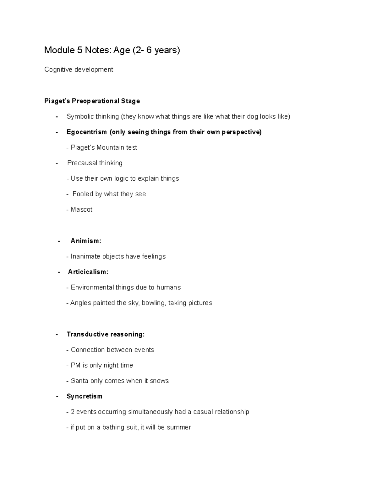 Module 5 Notes - PSY125 - Module 5 Notes: Age (2- 6 years) Cognitive ...