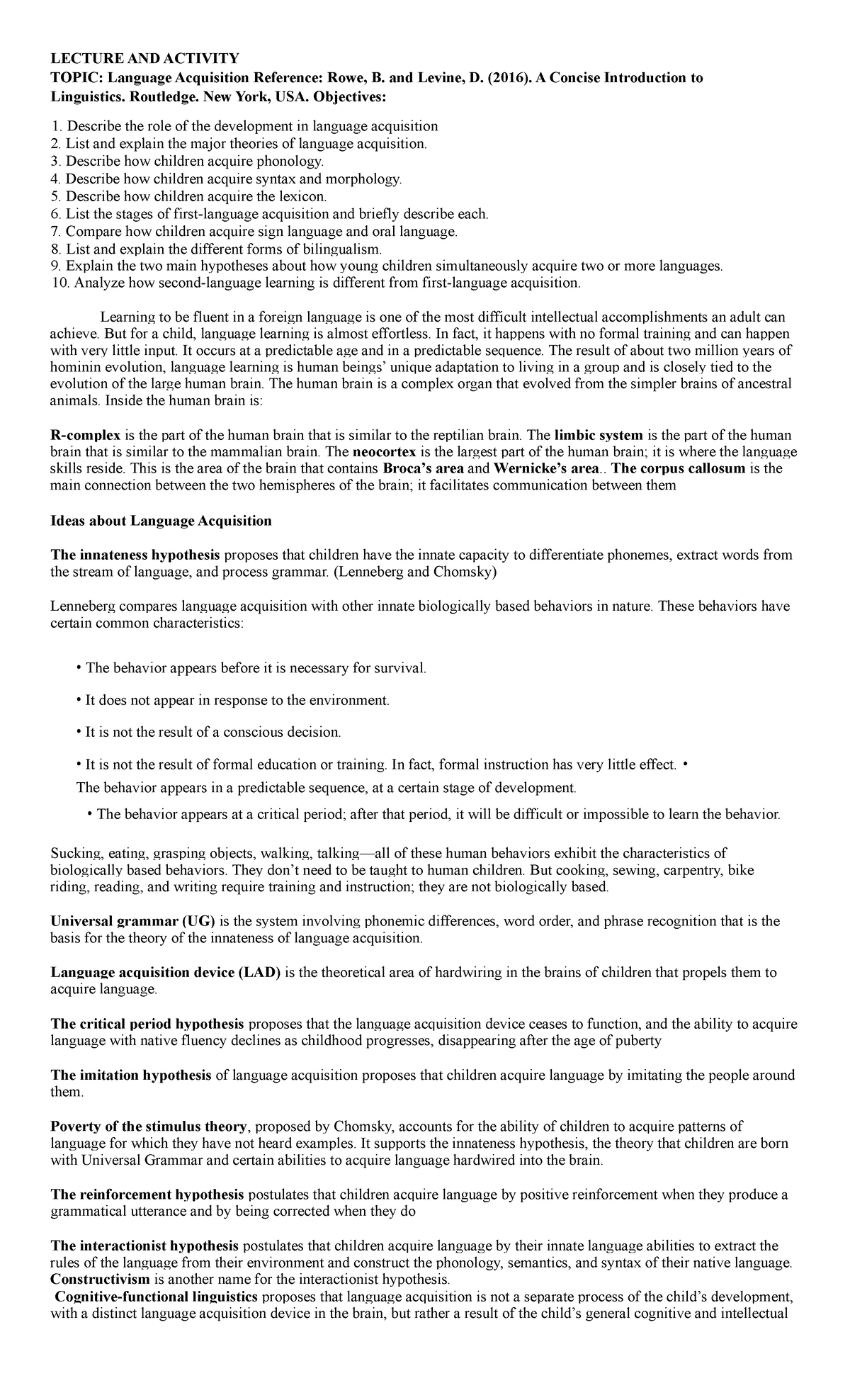 Lecture NOTE- Language Acquisition - LECTURE AND ACTIVITY TOPIC ...