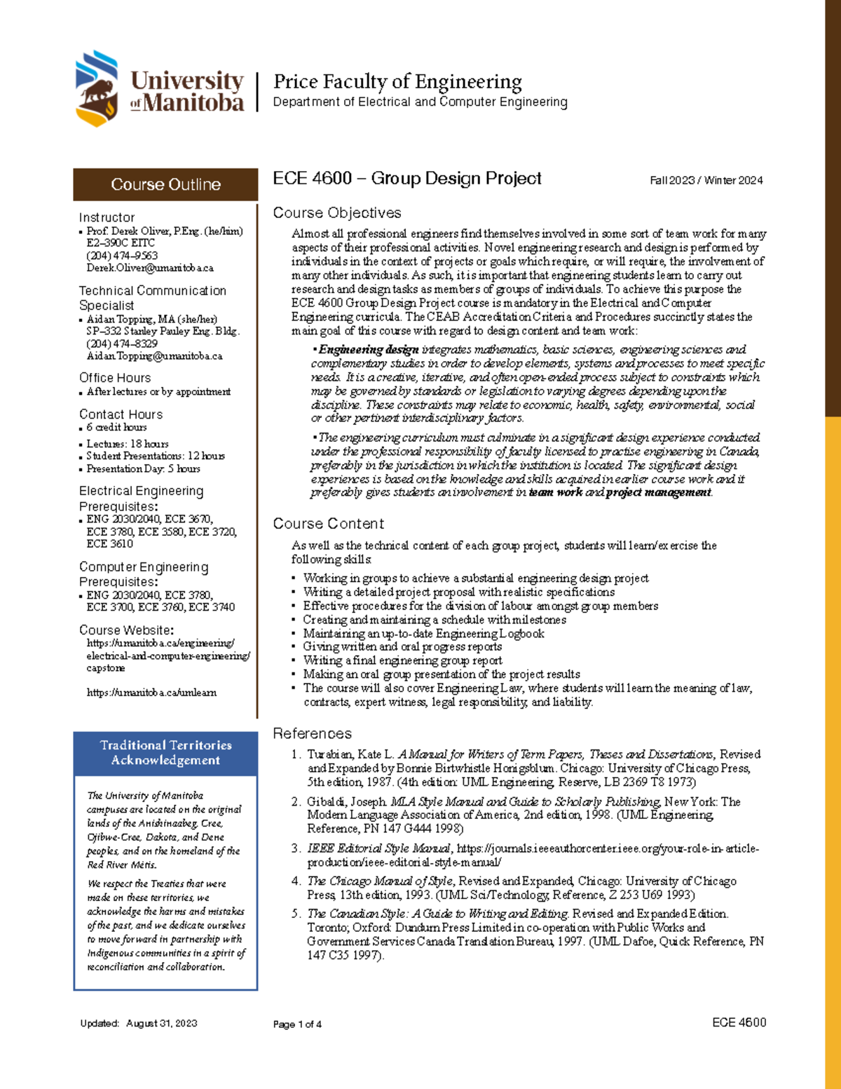 ECE 4600 Course Outline - ECE 4600 – Group Design Project Fall 2023 ...