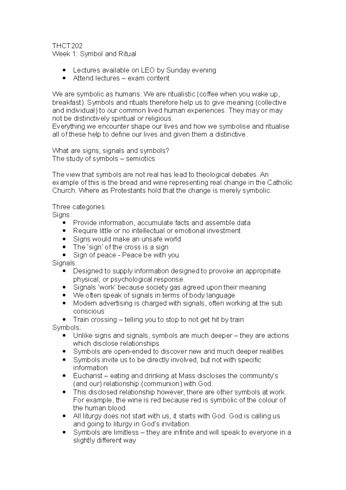 Lecture notes, lectures 1-11 and 12 - THCT202 Week 1: Symbol and Ritual ...