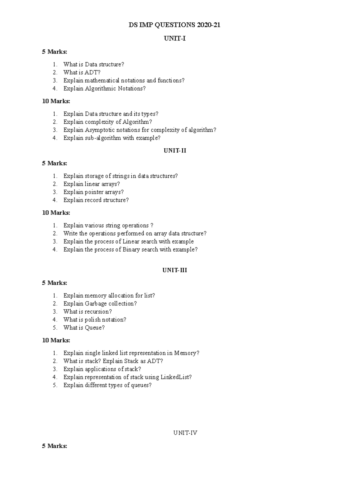 Ds Questionbank Ds Imp Questions 2020 Unit I 5 Marks What Is Data Structure What Is Adt