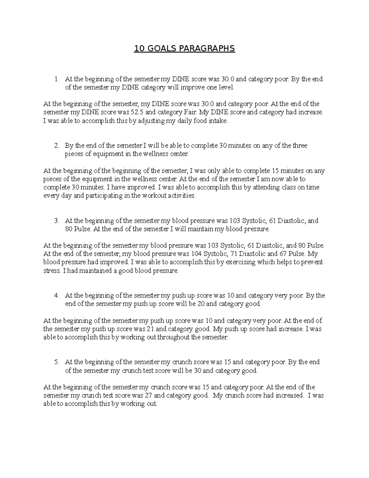 10 GOAL Paragraphs - Homework - 10 GOALS PARAGRAPHS At the beginning of ...
