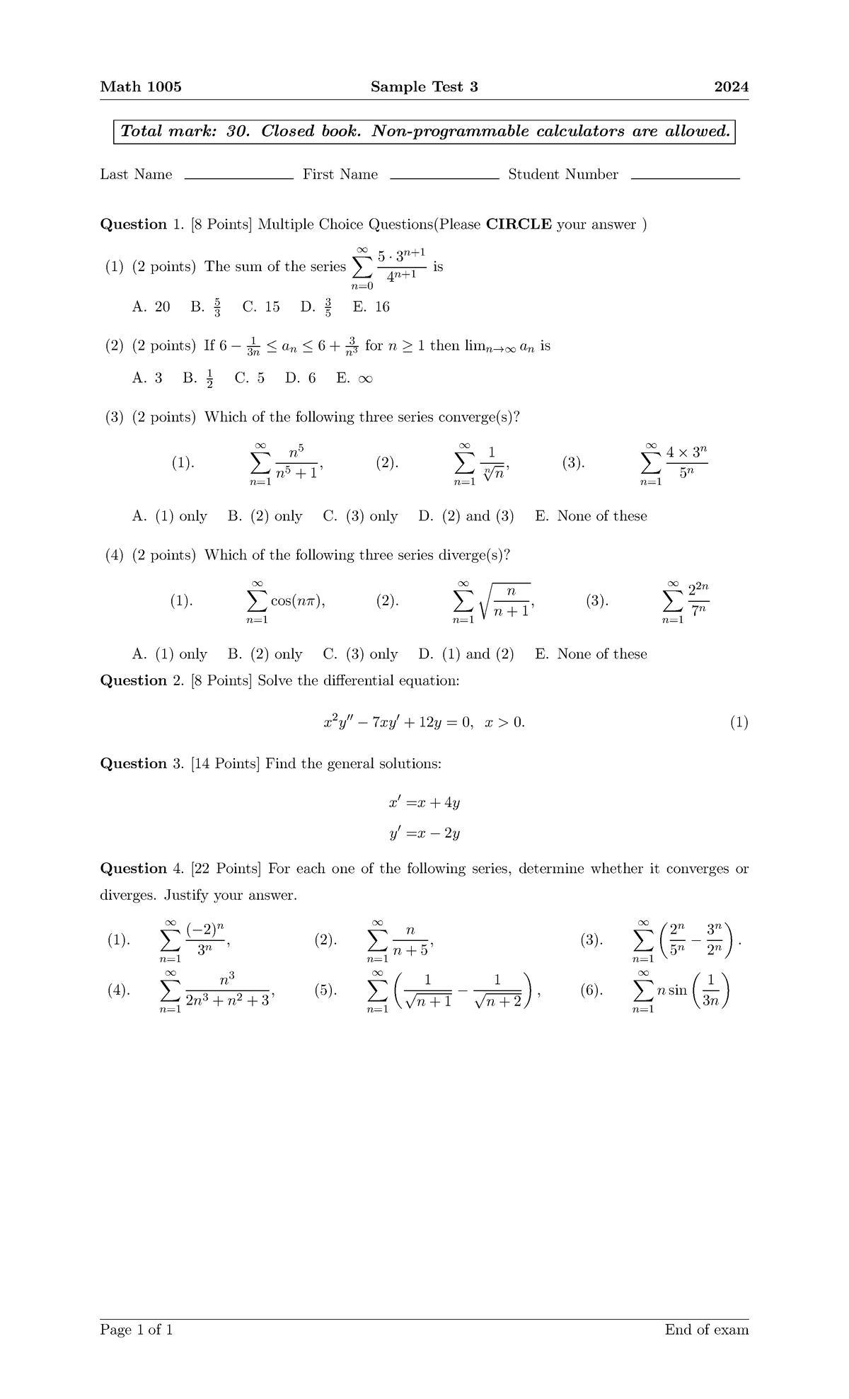 Sample Test 3 - Gang Li - Math 1005 Sample Test 3 2024 Total mark: 30 ...