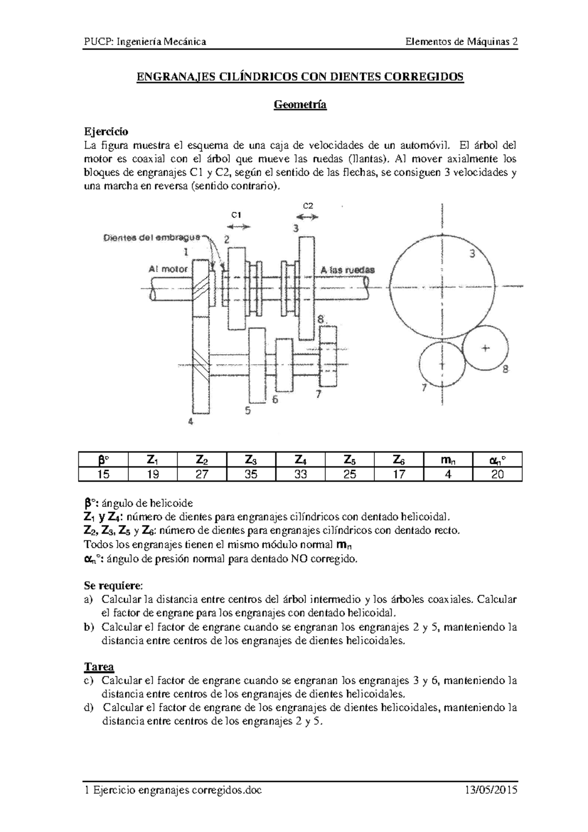 Ejercicio-Engranajes - PUCP: Ingeniería Mecánica Elementos de Máquinas 2 ENGRANAJES CILÍNDRICOS ...
