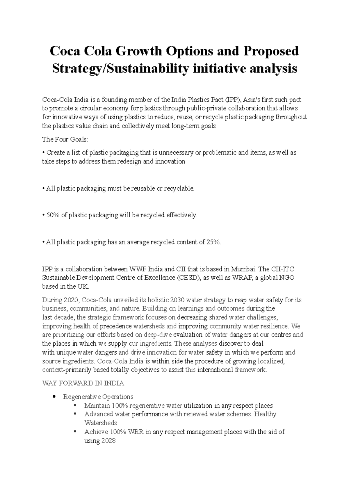 Coca Cola - Marketing - Coca Cola Growth Options and Proposed Strategy ...