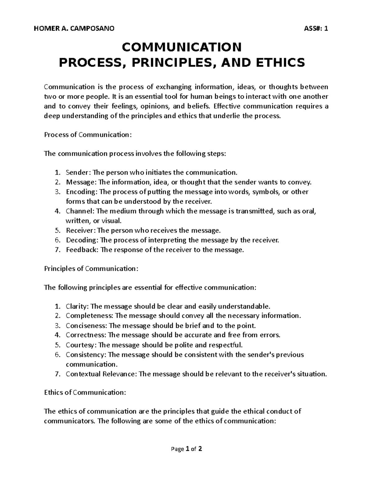 Communication process principle and ethics assignment 1 - Communication ...