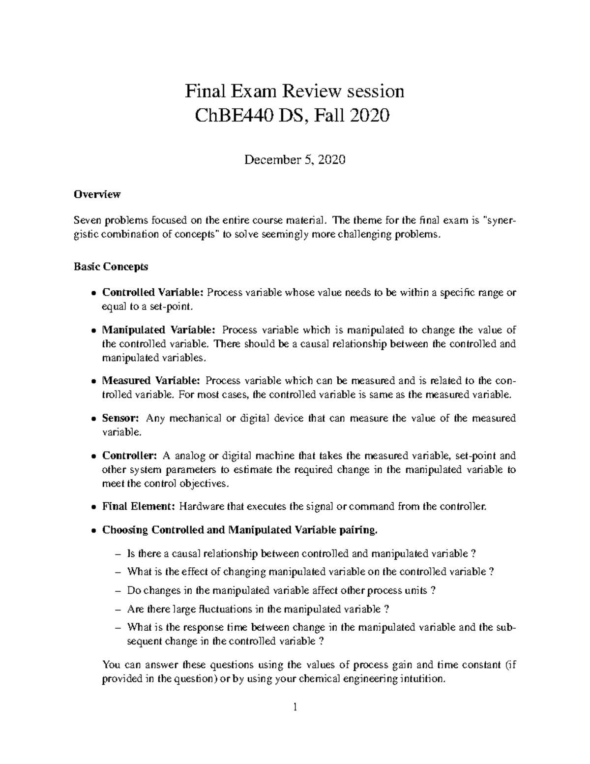 Final exam review session - Final Exam Review session ChBE440 DS, Fall ...