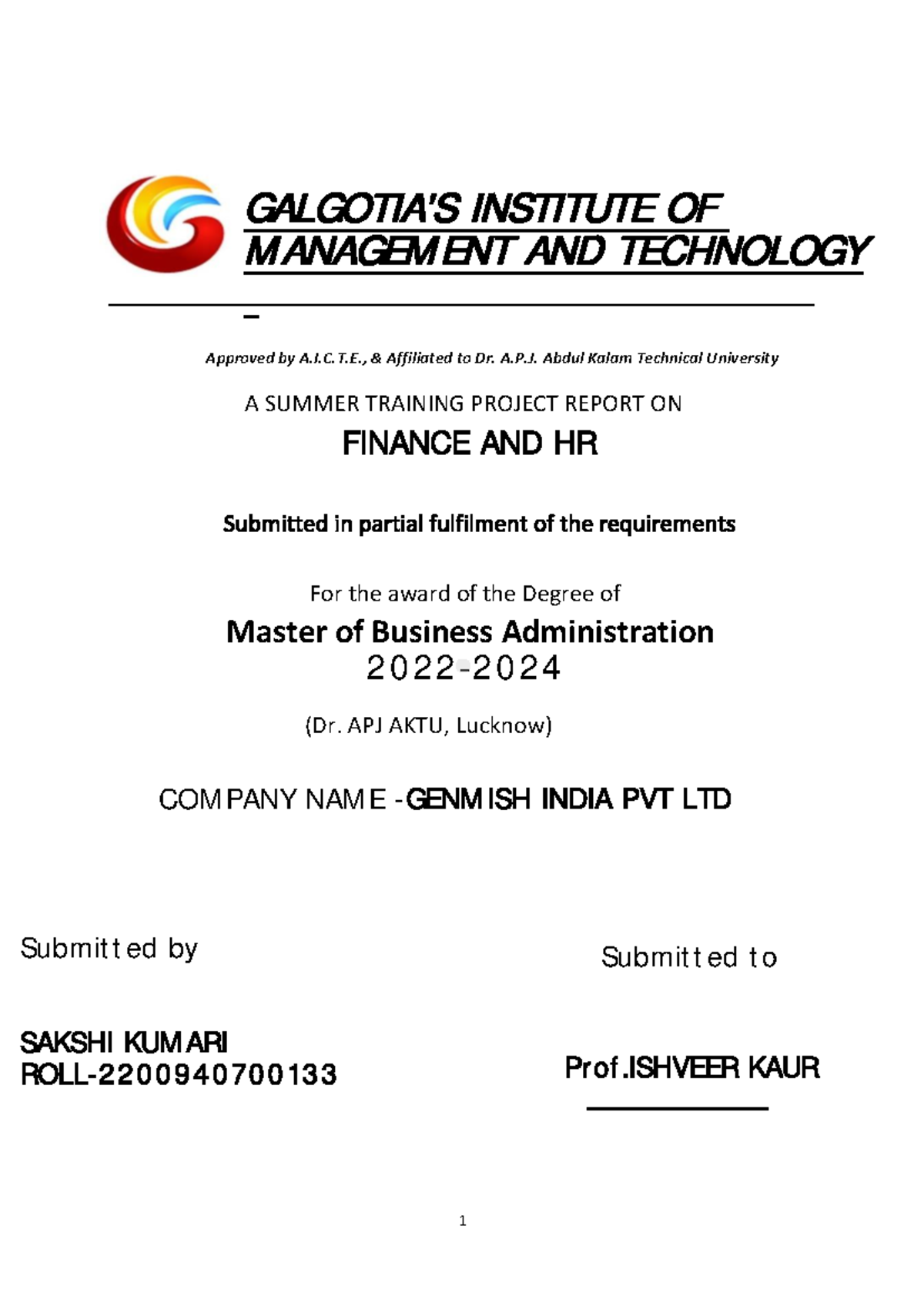 Summer training project - For the award of the Degree of (Dr. APJ AKTU ...