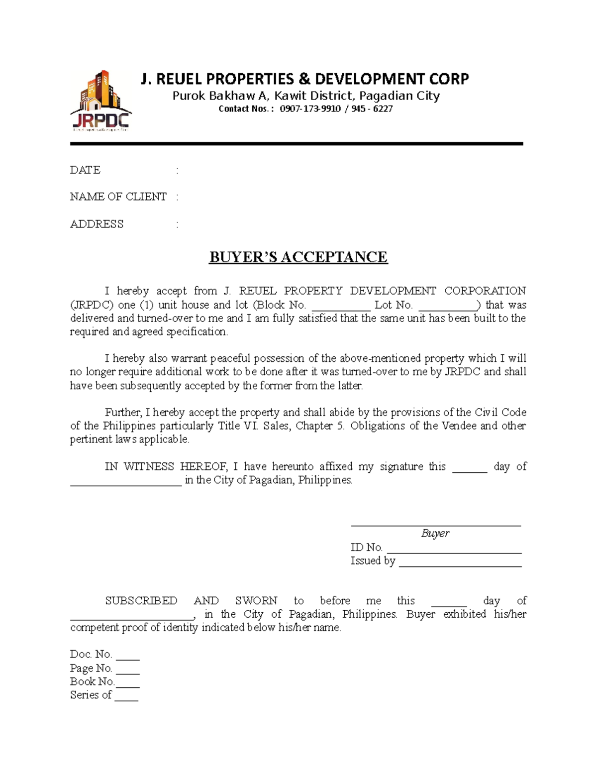 Buyer Acceptance - REal Estate Document - DATE : NAME OF CLIENT ...