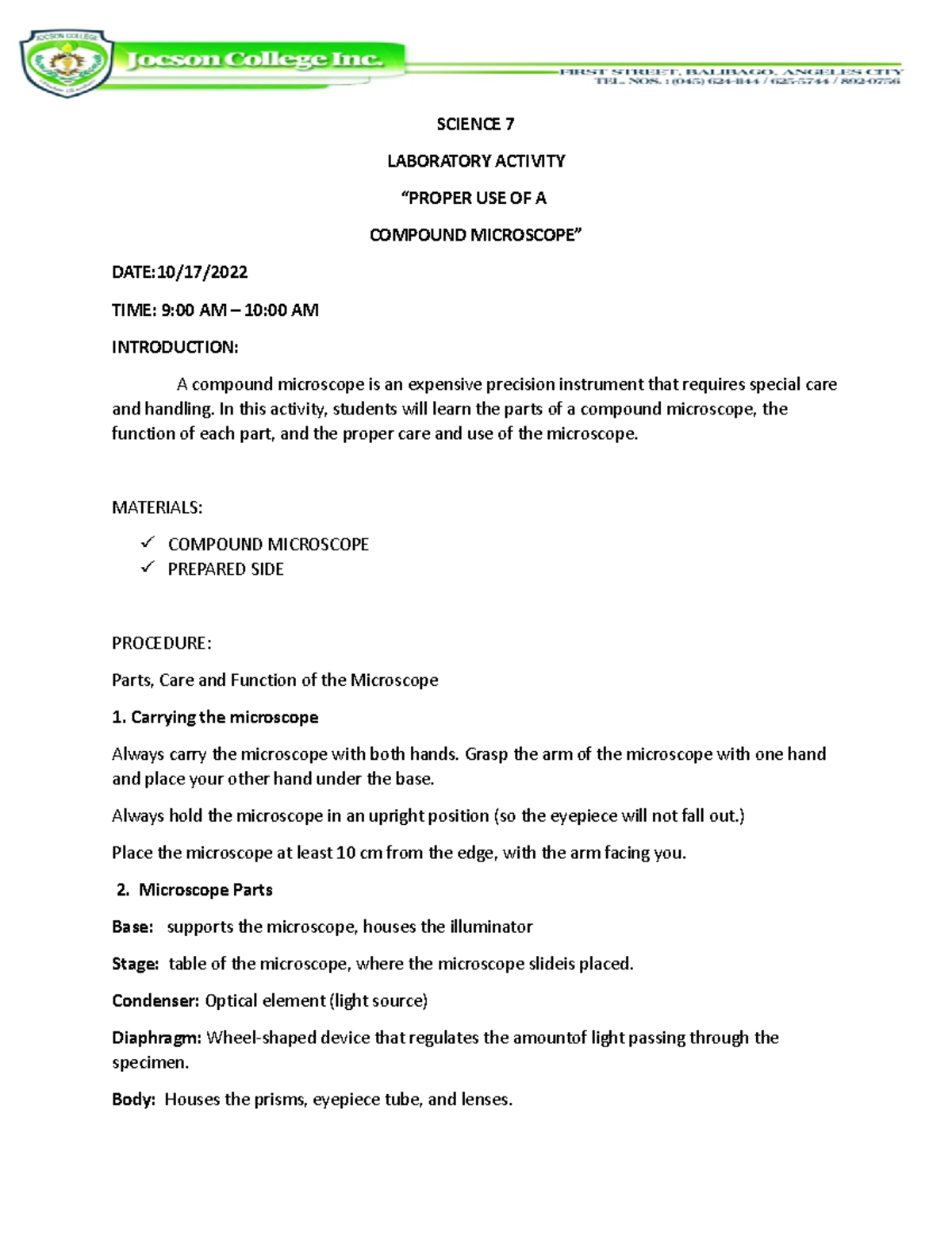 Science 7 Compound Microscope - SCIENCE 7 LABORATORY ACTIVITY “PROPER ...