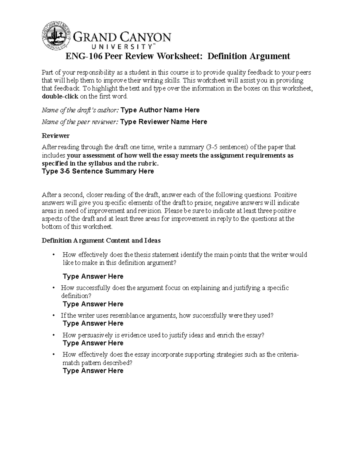 Peerrevieweng 106 Definition Peer Review Worksheet - ENG-106 Peer ...