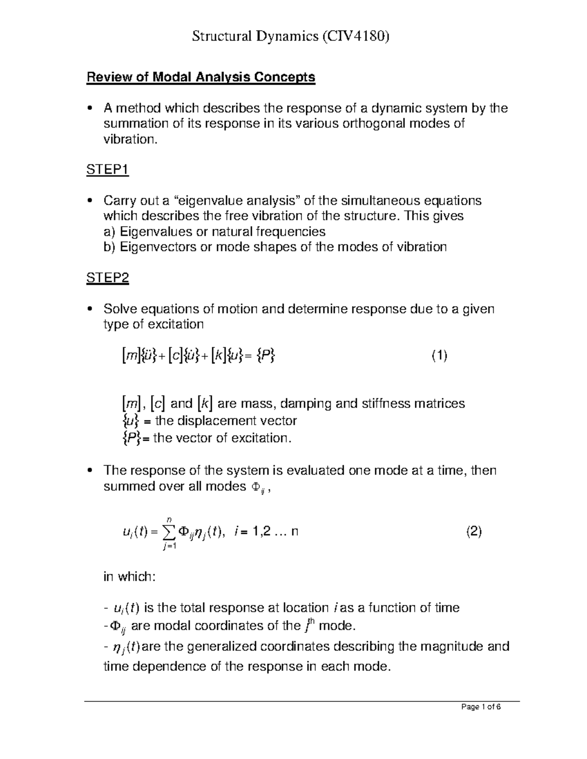 CIV1481 Modal Analysis Concepts - Review of Modal Analysis Concepts y A method which describes ...