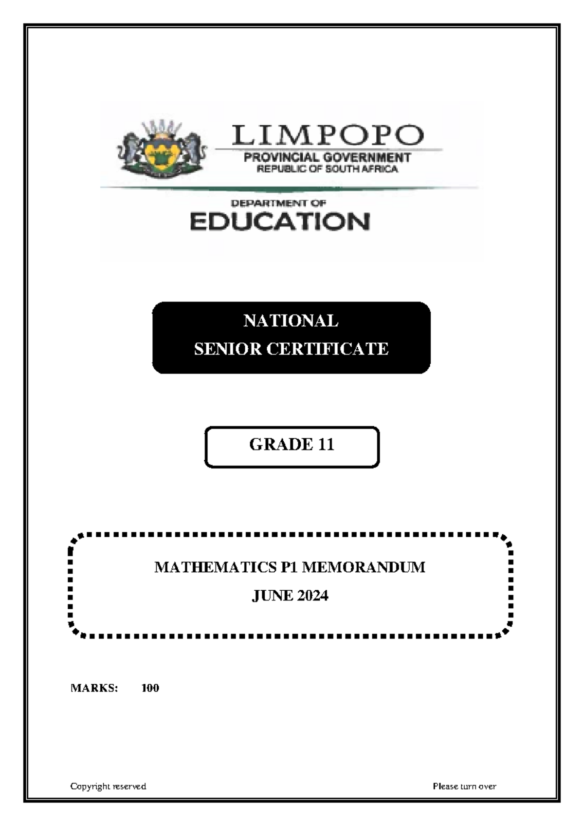 MATH P1 GRD 11 ENG MG 2024 JUNE - NSC MARKS: 100 NATIONAL SENIOR CERTIFICATE GRADE 11 ...