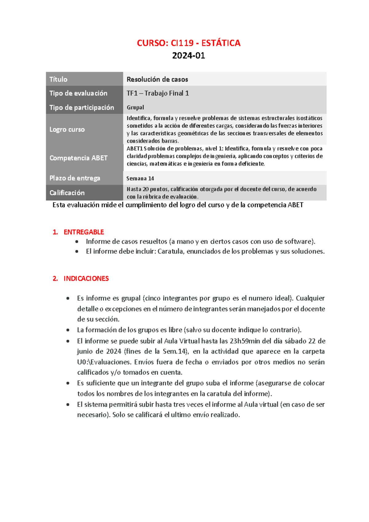 CI119 Ficha actividad TF1 202401 - CURSO: CI 119 - ESTÁTICA 2024 - 01 ...