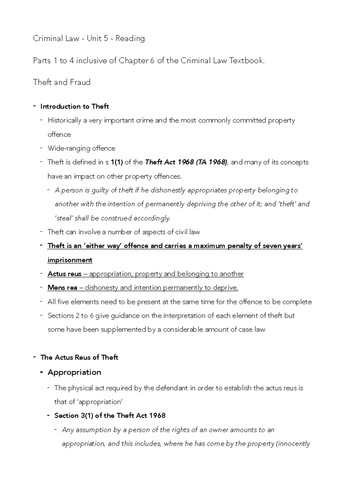Criminal unit 5 reading - Criminal Law - Unit 5 - Reading Parts 1 to 4 ...