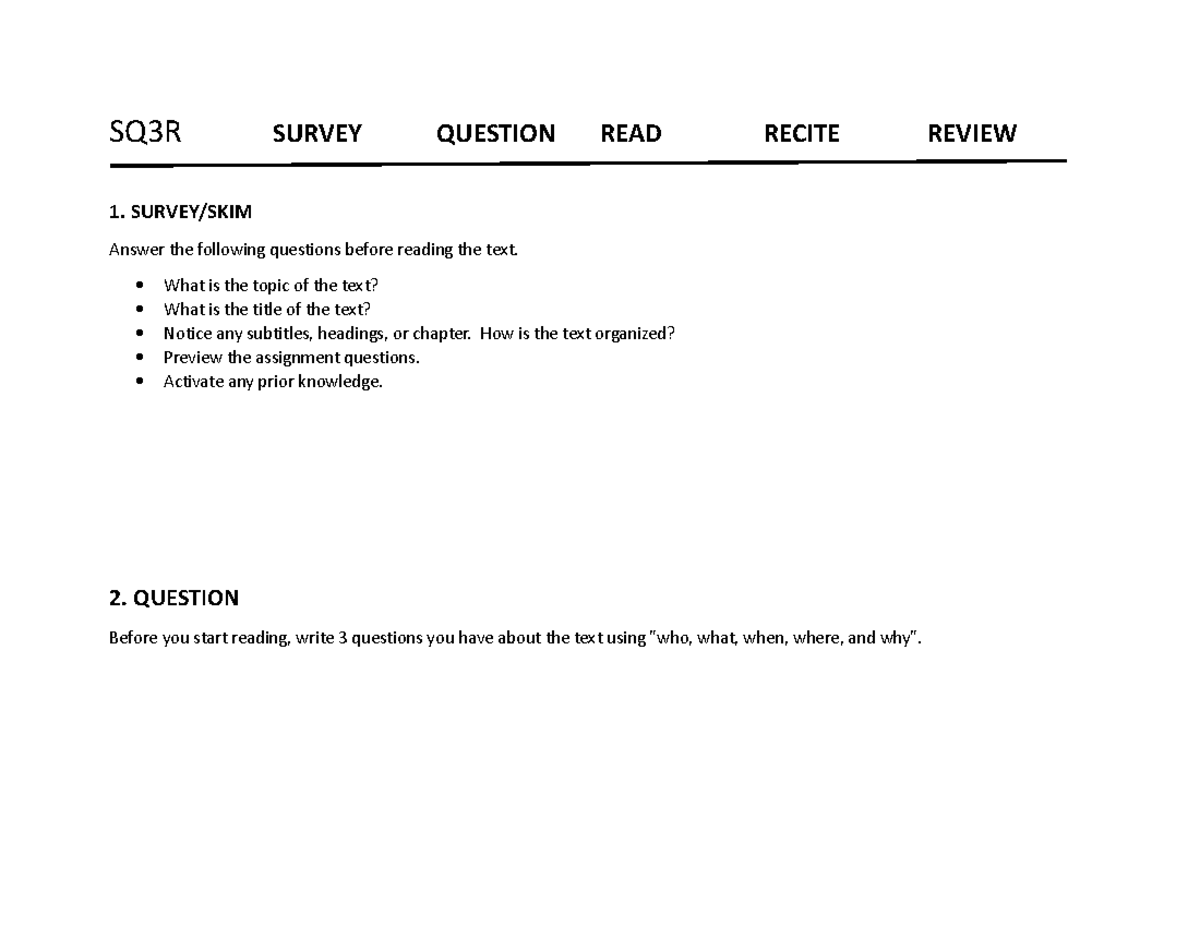 SQ3R Graphic Organizer - SQ3R SURVEY QUESTION READ RECITE REVIEW 1 ...