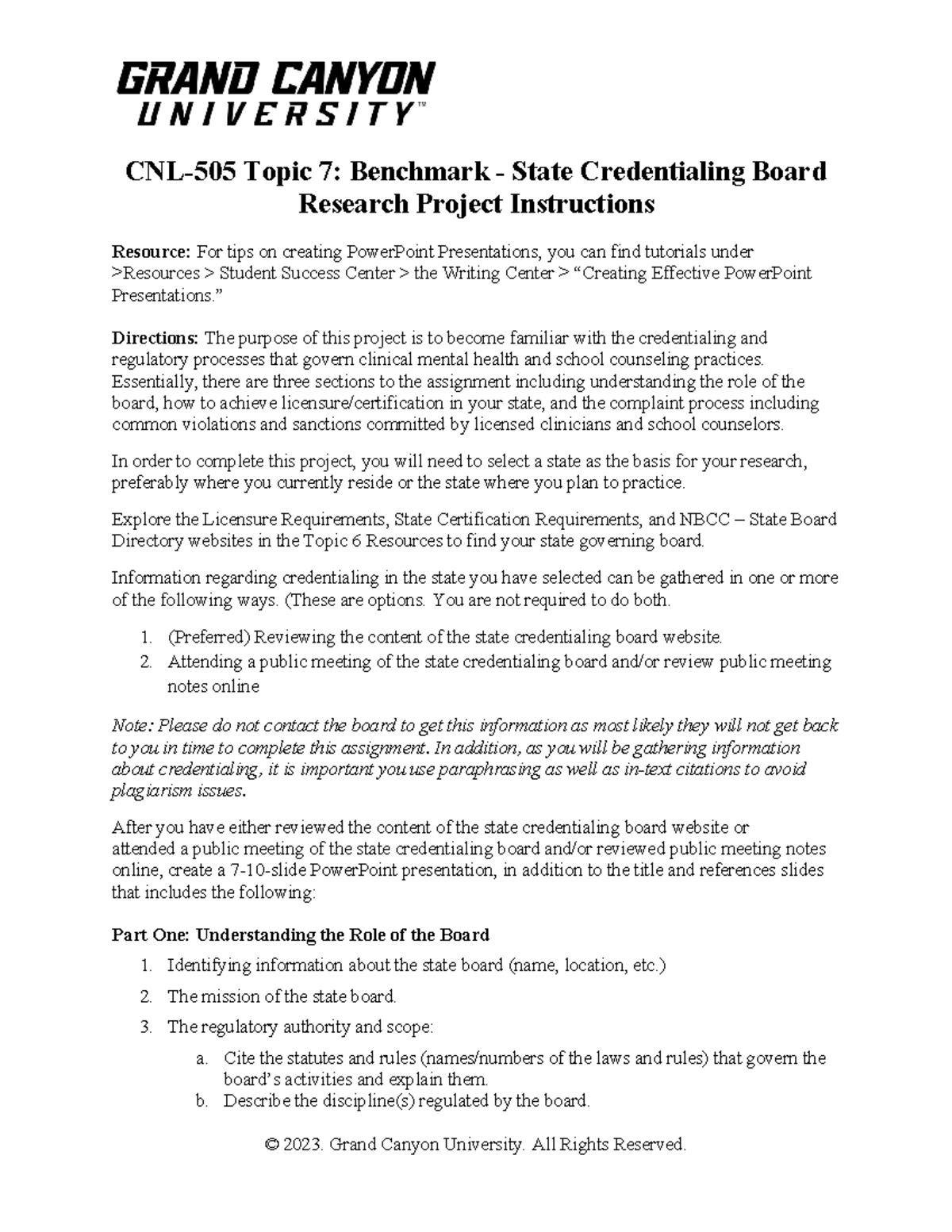 CNL 505 RS T7 Benchmark State Credentialing Board Project Instructions ...